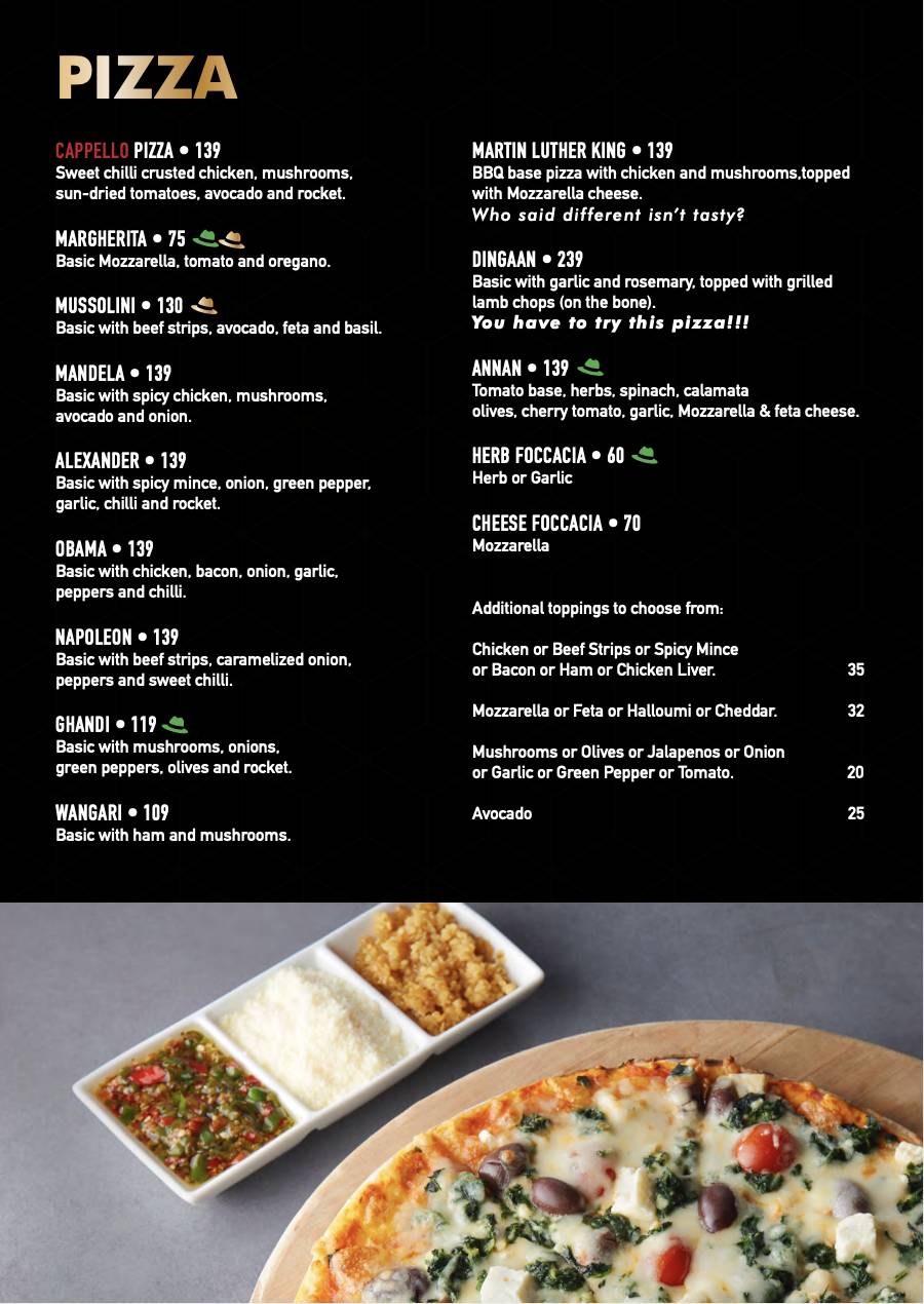 Menu at Cappello Newtown Junction restaurant, Johannesburg