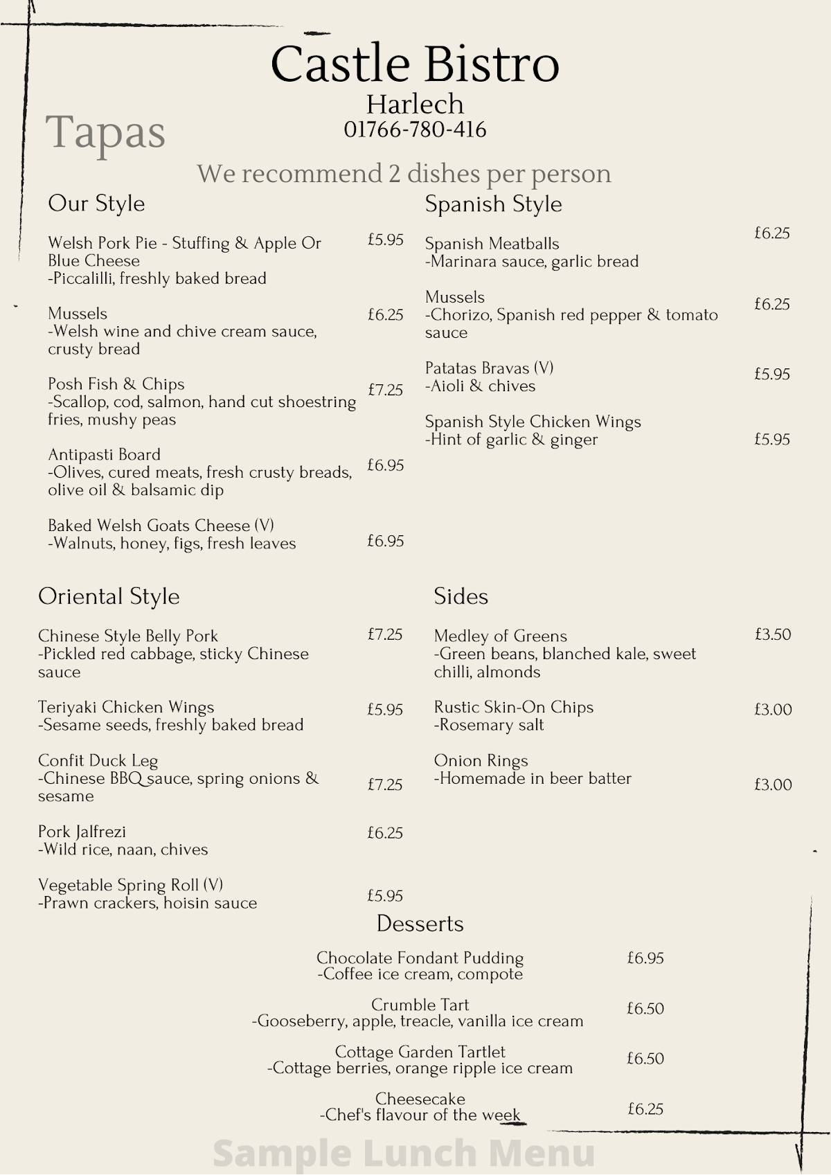 Menu at Castle Bistro Harlech restaurant, Harlech