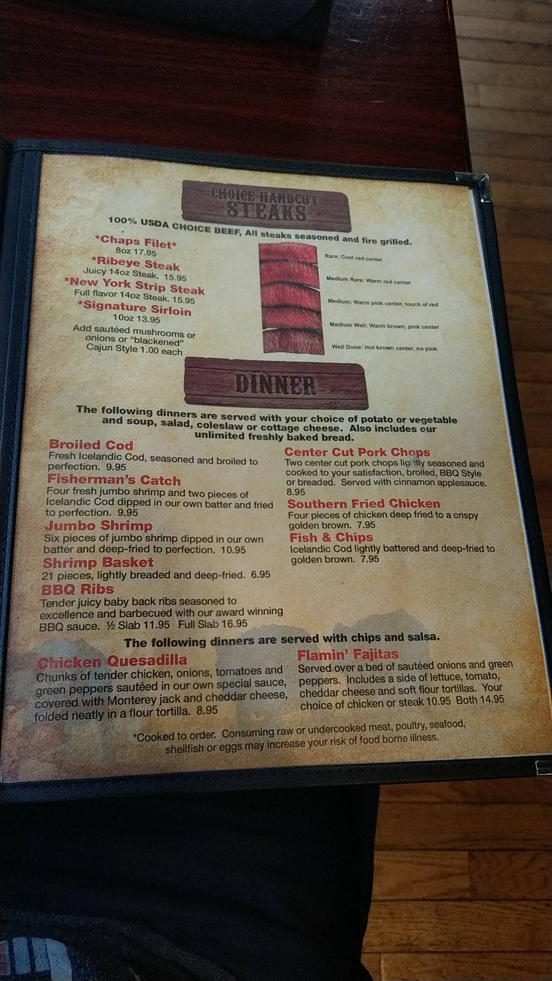 Menu at Chaps restaurant, Armada