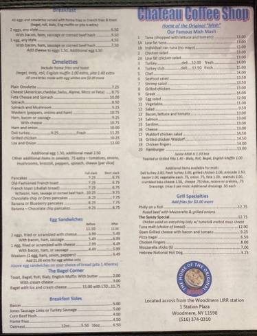 Menu at Chateau coffee shop restaurant, Woodmere, 1 Station Plaza