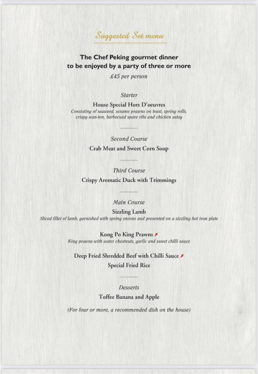 Menu at Chef Peking restaurant, Harpenden