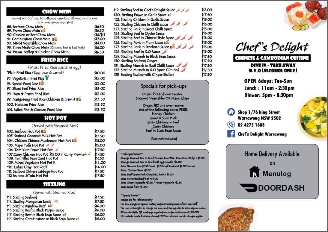 Menu at Chefs Delight Chinese Cuisine restaurant, Warrawong