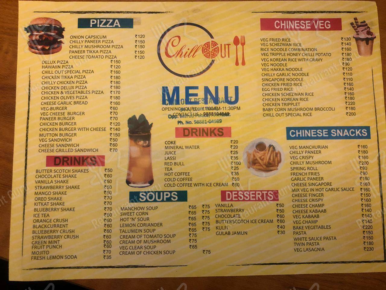 Menu at Chill Out, Amritsar
