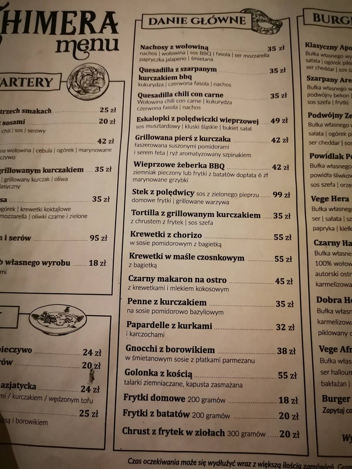 Menu at Chimera restaurant, Wloclawek