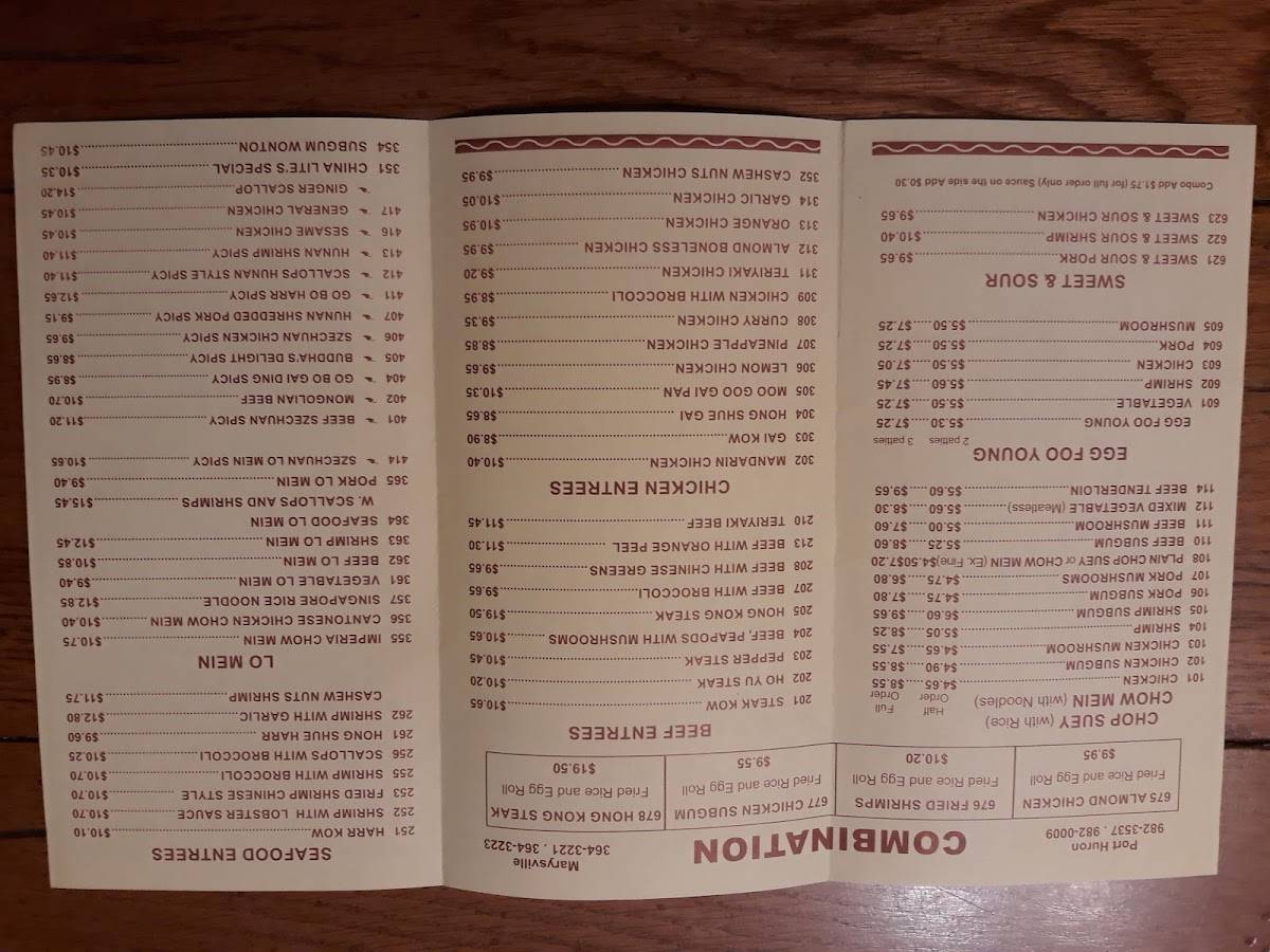 Menu at China Lite & Gas Lite Lounge restaurant, Marysville
