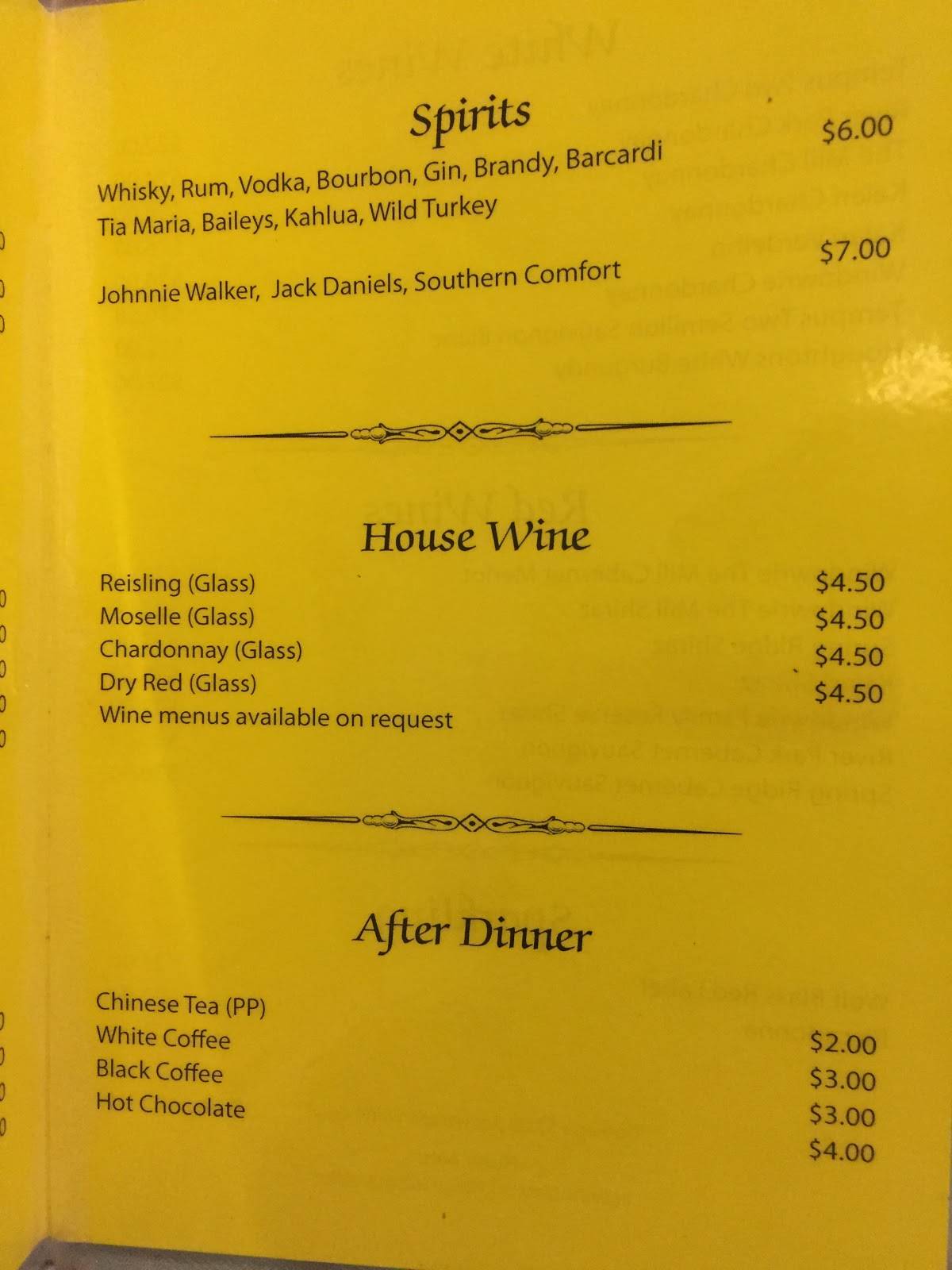 Menu at Chow King restaurant, Young