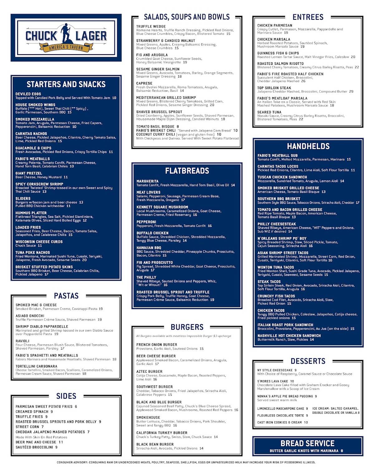 Menu at Chuck Lager America's Tavern restaurant, Pike Creek
