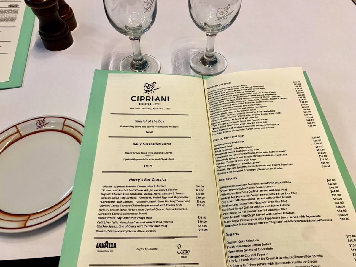 Menu at Cipriani Dolci restaurant, West New York