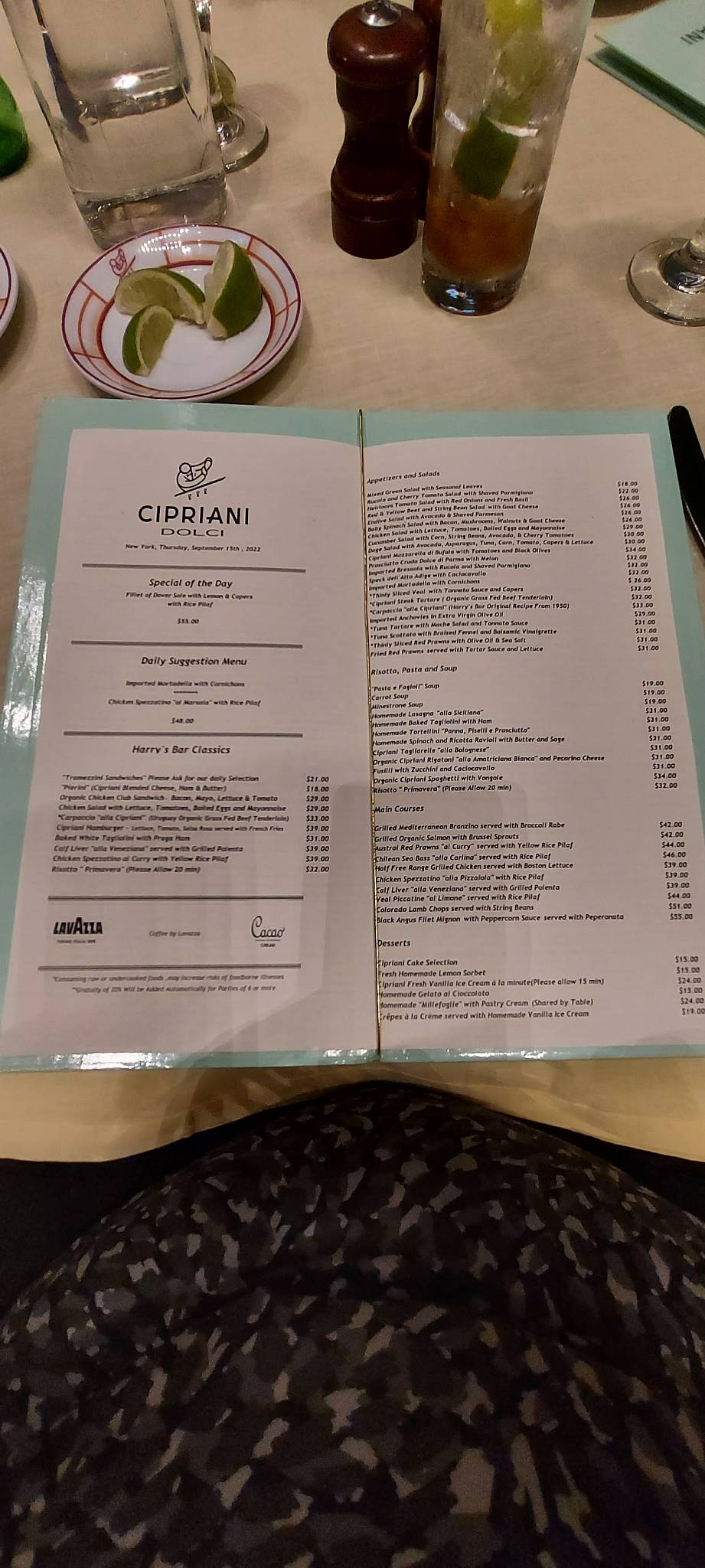 Menu at Cipriani Dolci restaurant, West New York