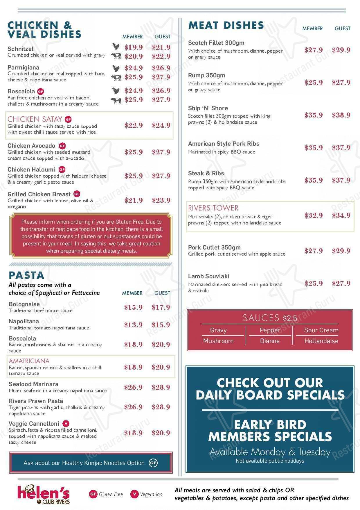 Menu at Club Rivers, Riverwood