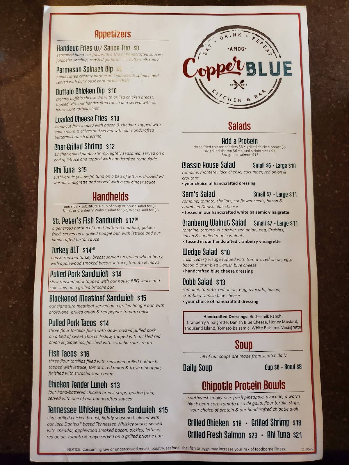 Menu at Copper Blue restaurant, Milford