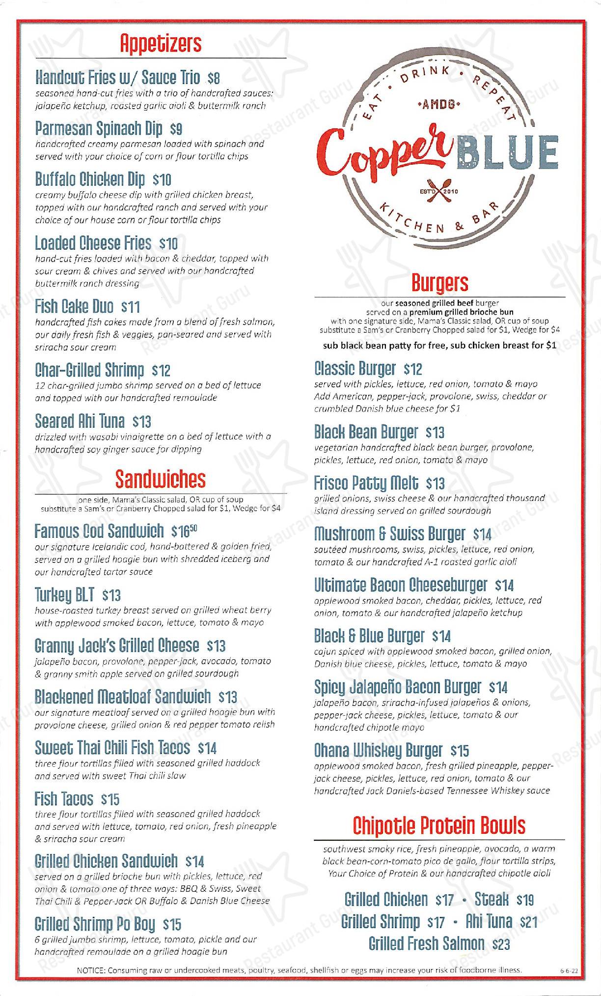 Menu at Copper Blue restaurant, Milford