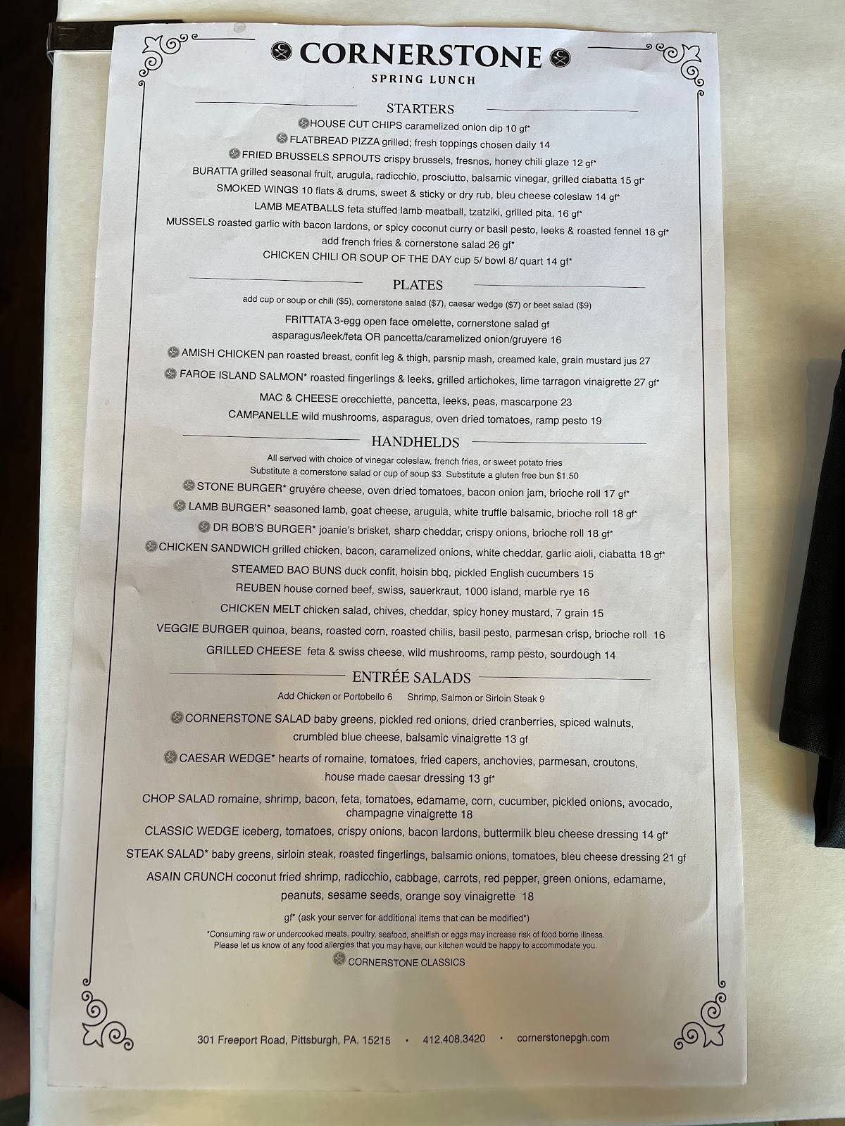 Menu at Cornerstone Restaurant & Bar, Aspinwall