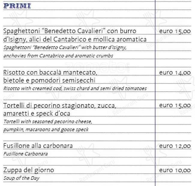 Menu at Coromandel restaurant, Rome