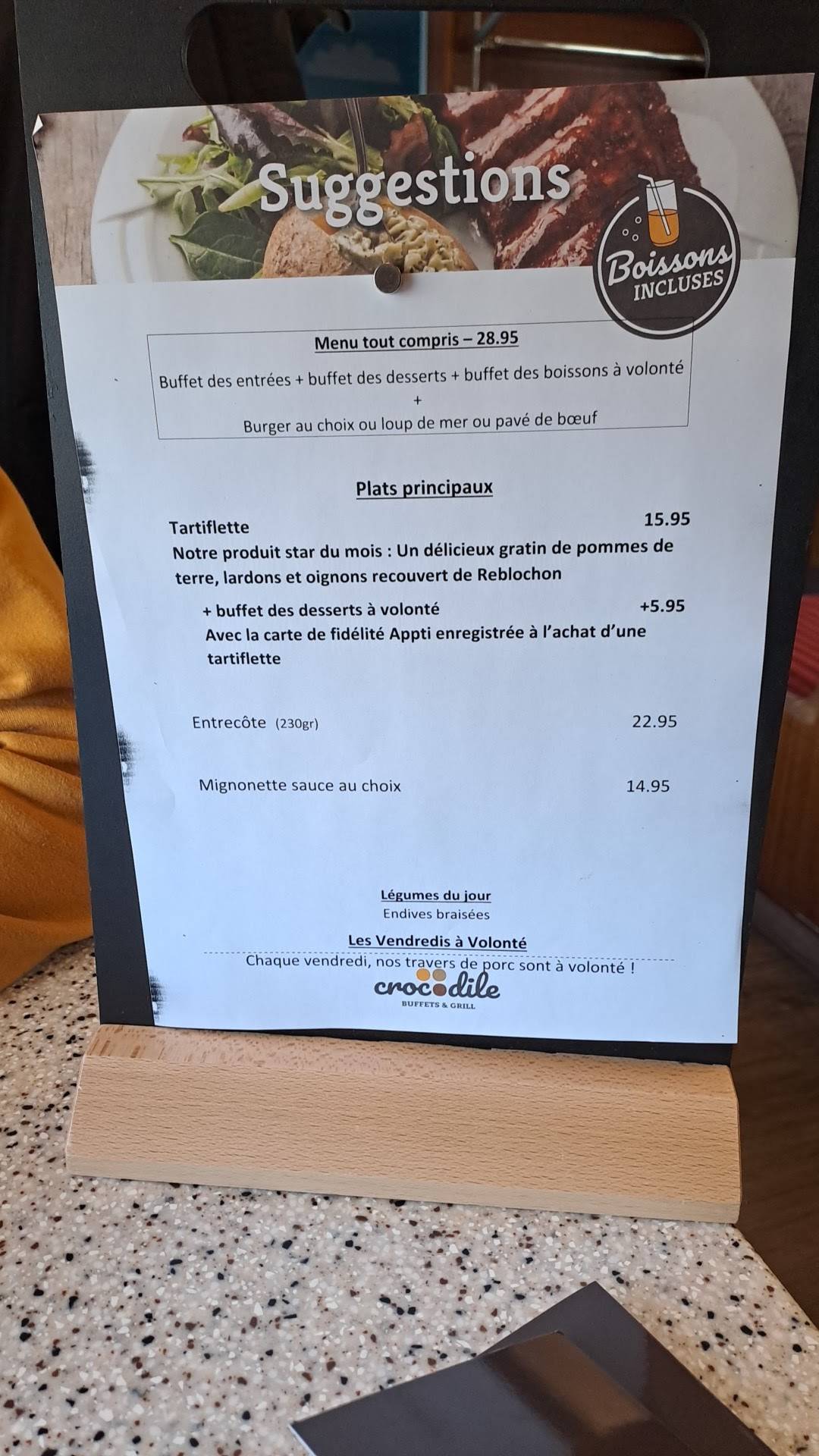 Menu au Crocodile restaurant, Petite-Forêt