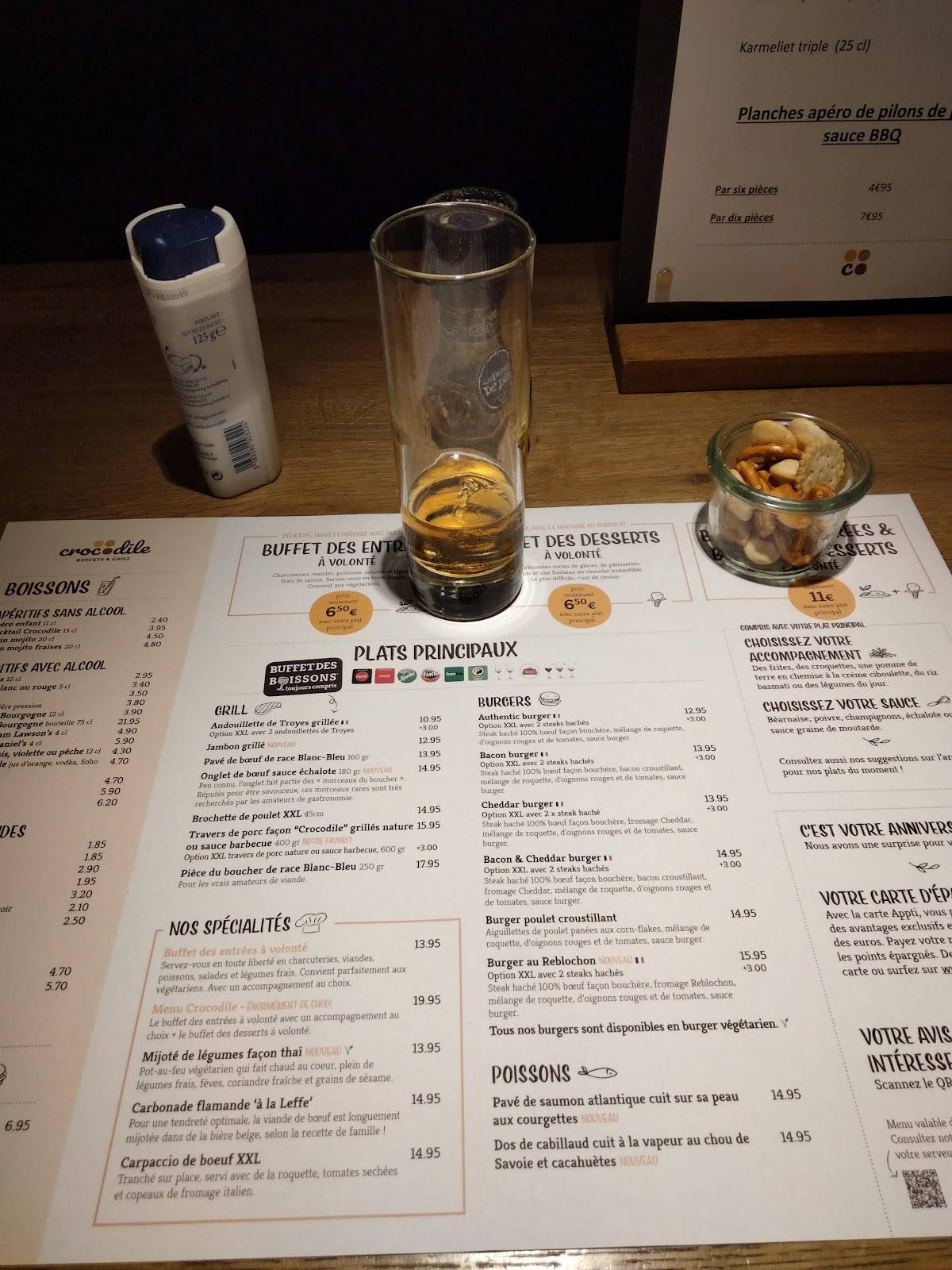 Menu au Crocodile restaurant, Petite-Forêt