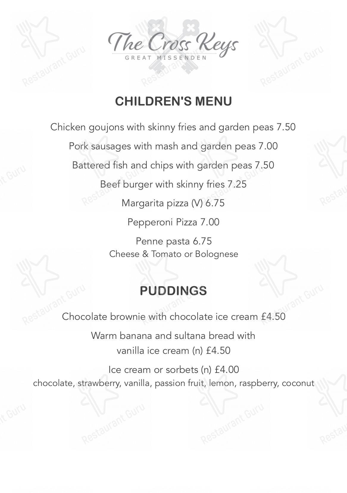 Menu at The Cross Keys restaurant, Great Missenden