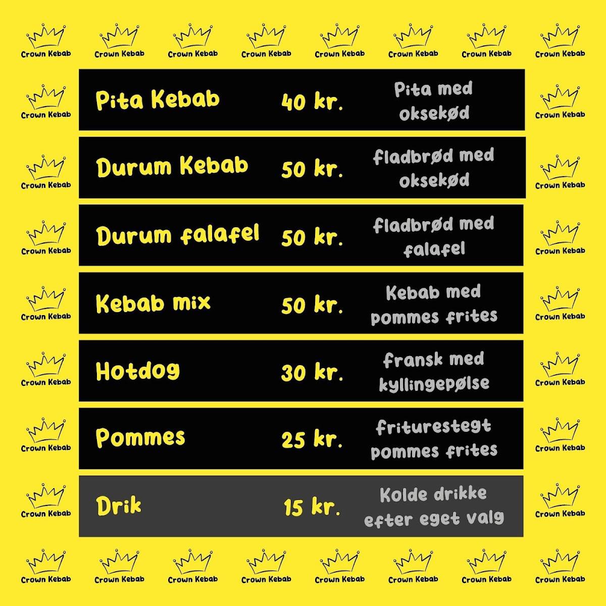 Menu at Crown Kebab, Aarhus