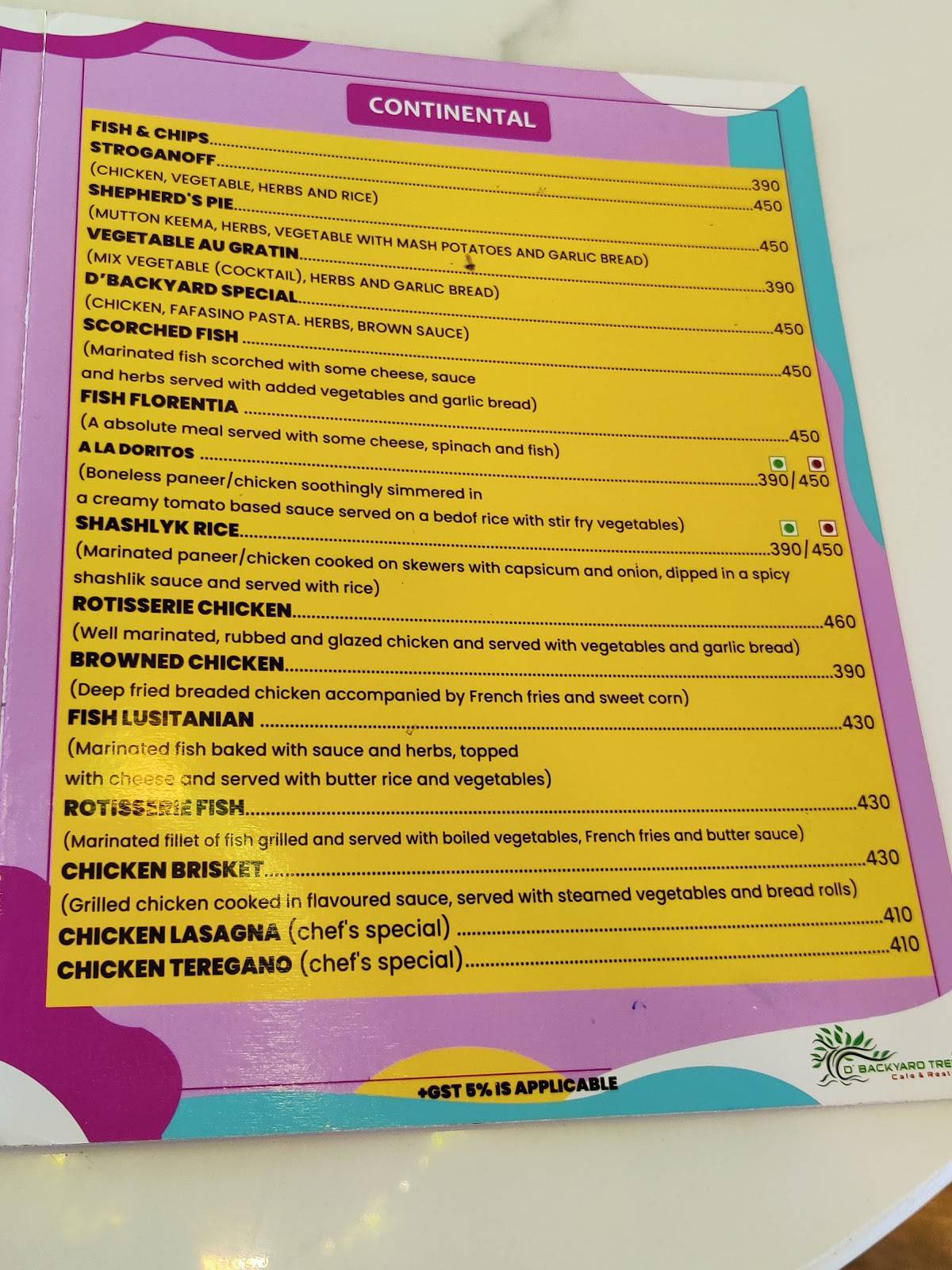 Menu at D' BACKYARD TREE CAFÉ RESTRO, Guwahati