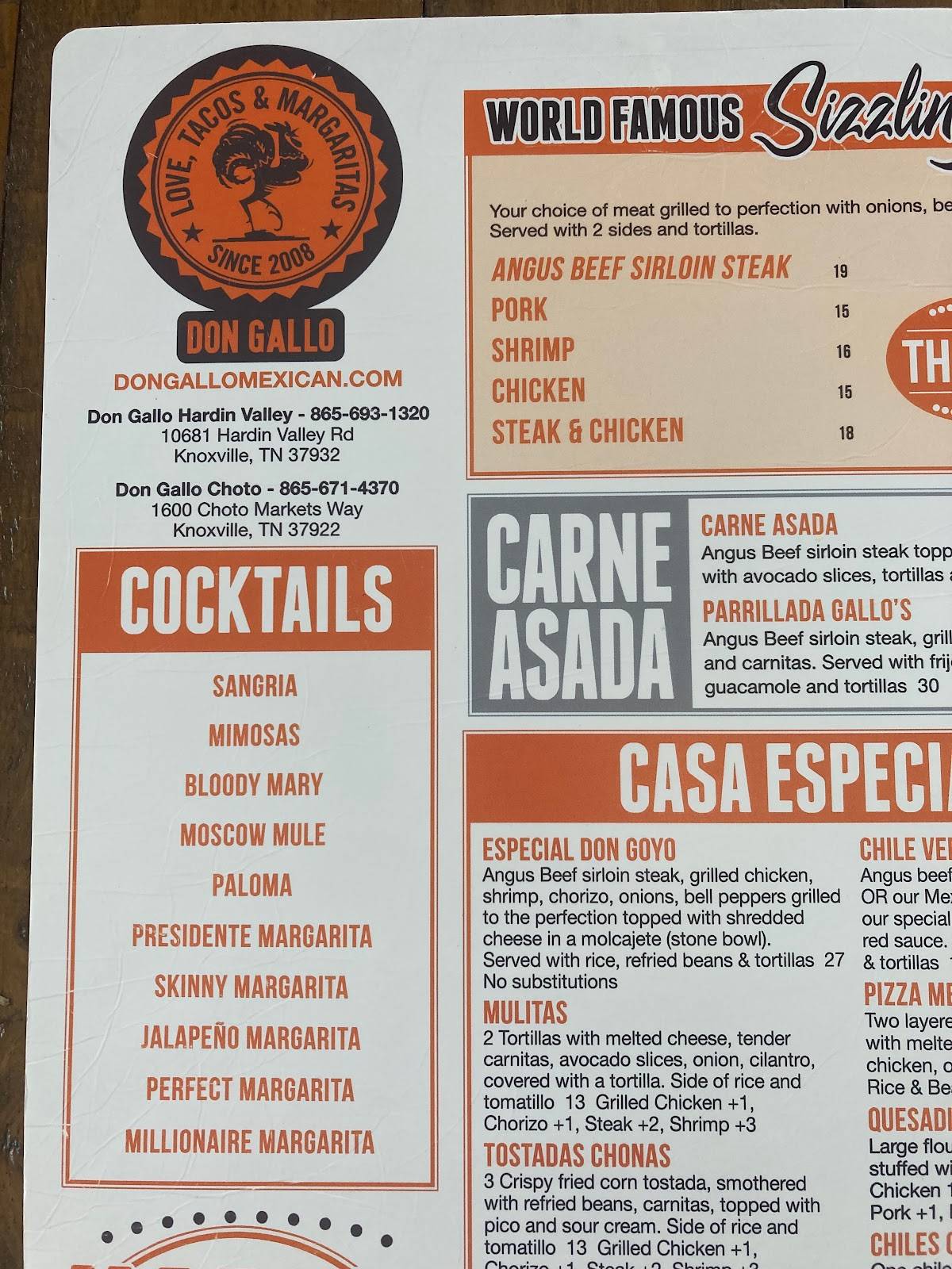 Menu at DON GALLO restaurant, Knoxville, Choto Markets Way
