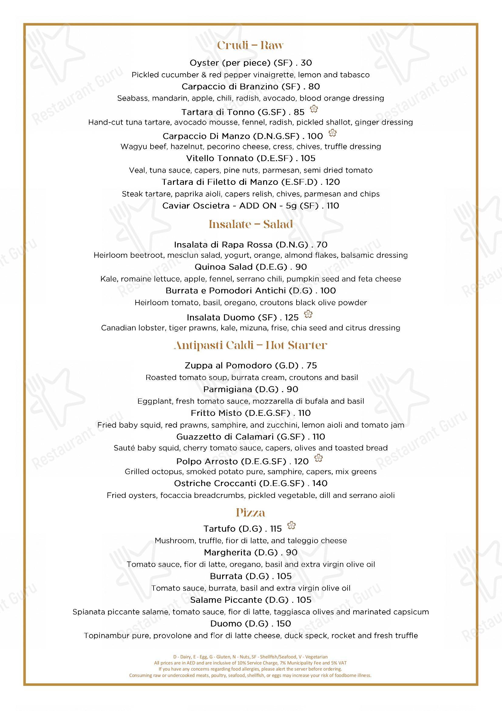 Menu at DUOMO Dubai restaurant, Dubai