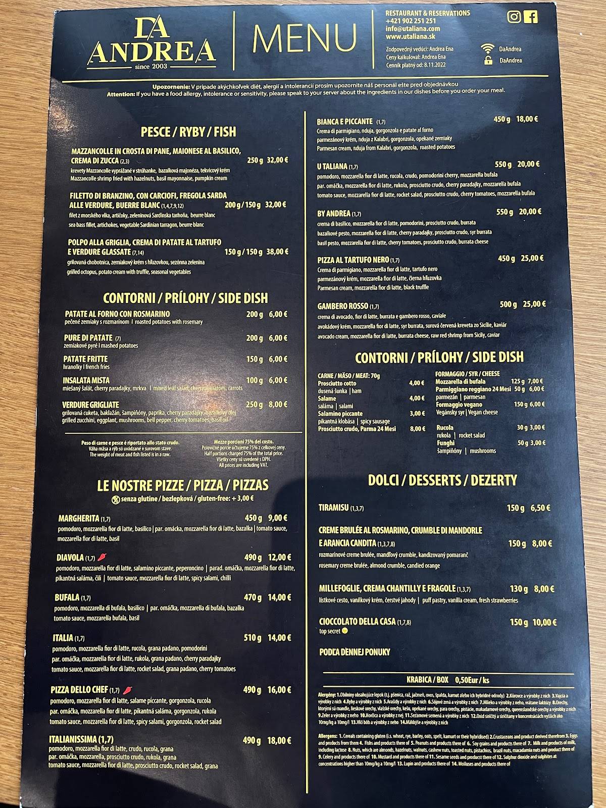 Speisekarte von Da Andrea restaurant, Bratislava
