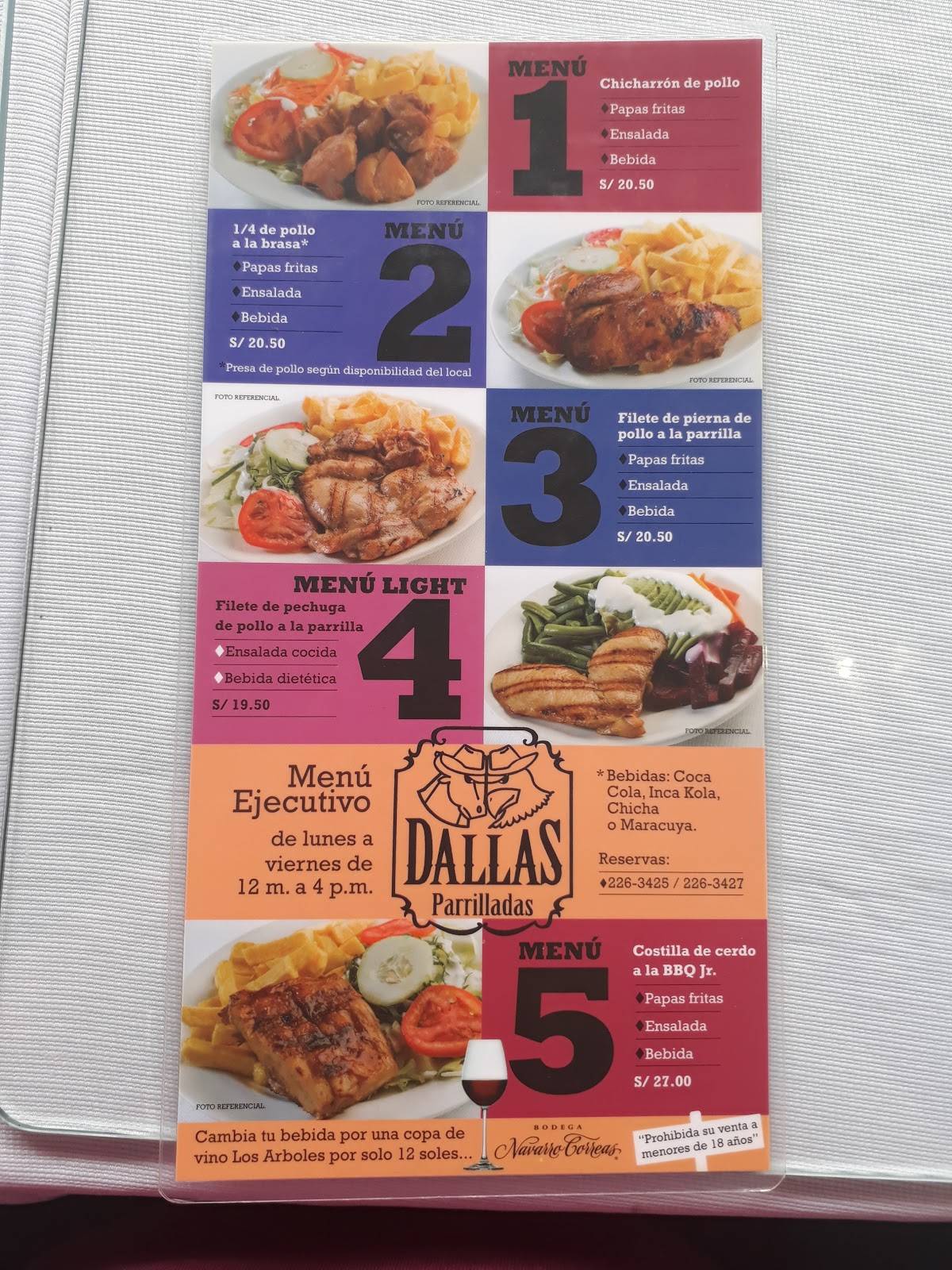 Carta del restaurante Dallas, San Borja