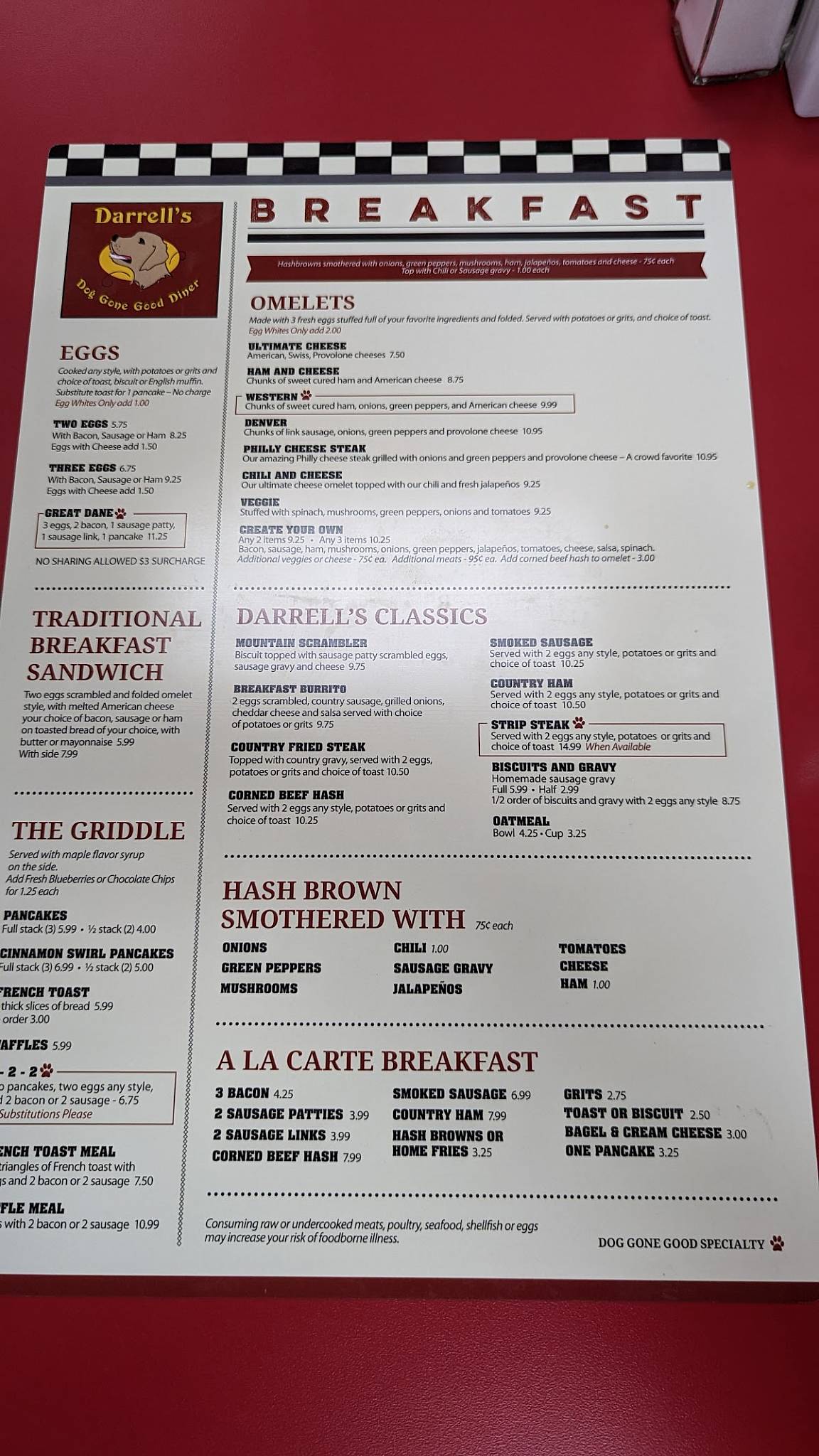 Menu at Darrell's Diner restaurant, Summerfield