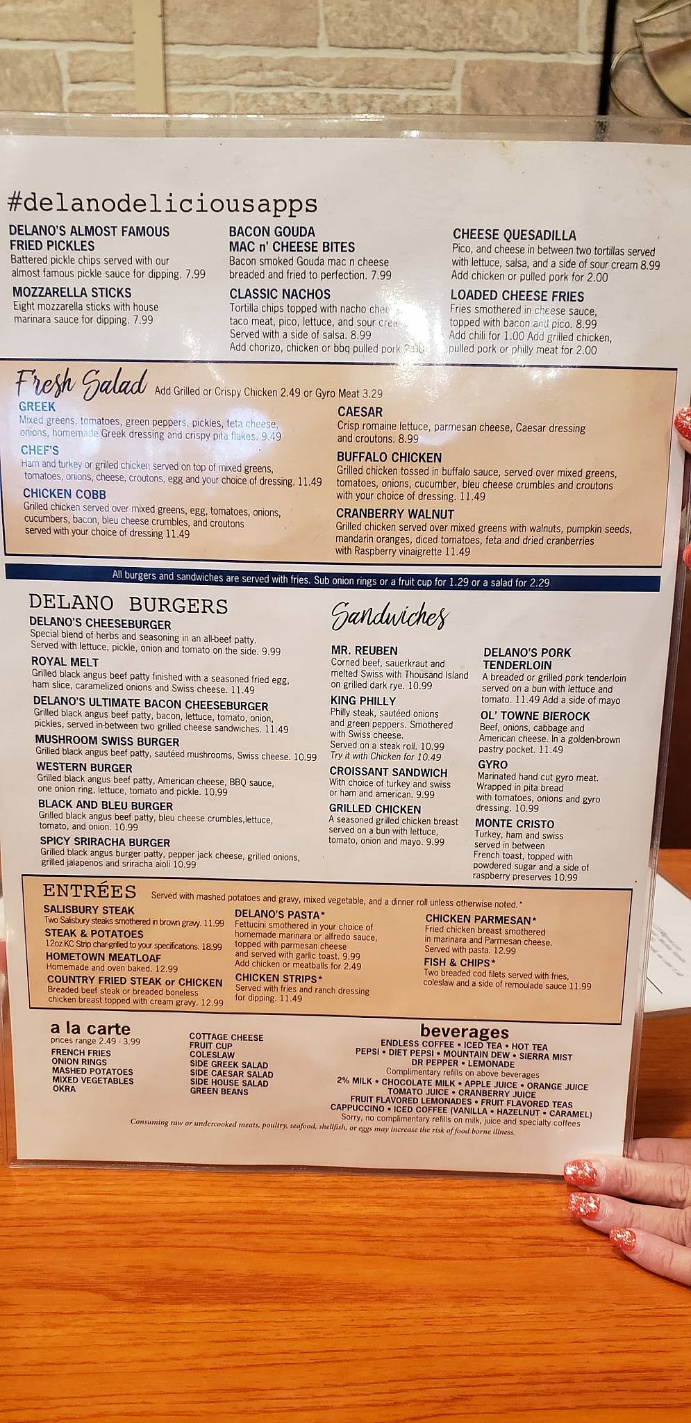 Menu at Delano's Diner restaurant, Wichita