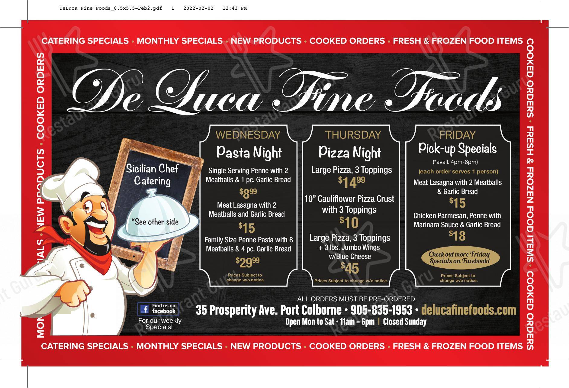 Menu at Deluca Fine Foods restaurant, Port Colborne
