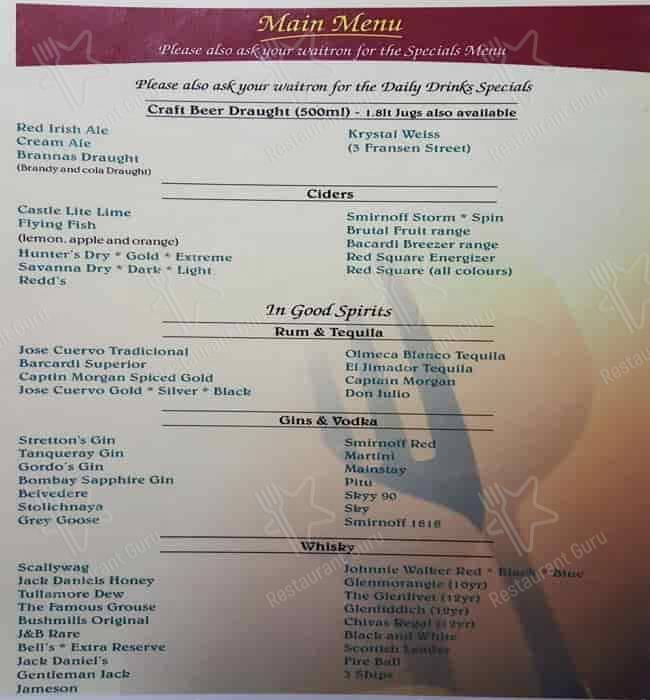 Menu at Dingo's Pub & Restaurant, Boksburg