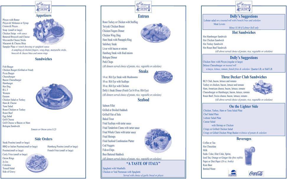Menu at Dolly's Restaurant, Madawaska, 17 US-1
