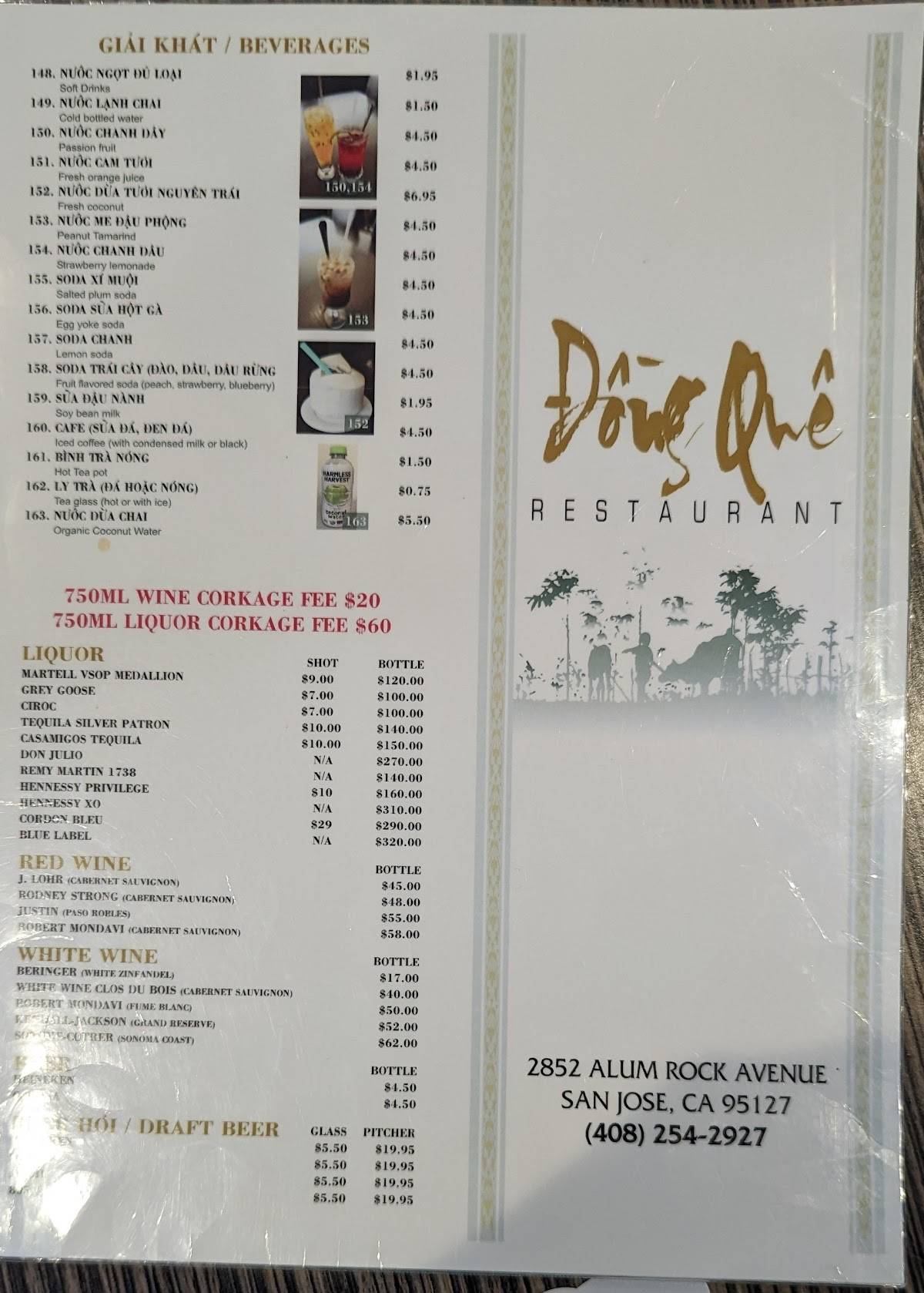 Menu at Dong Que Restaurant, San Jose, 2852 Alum Rock Ave