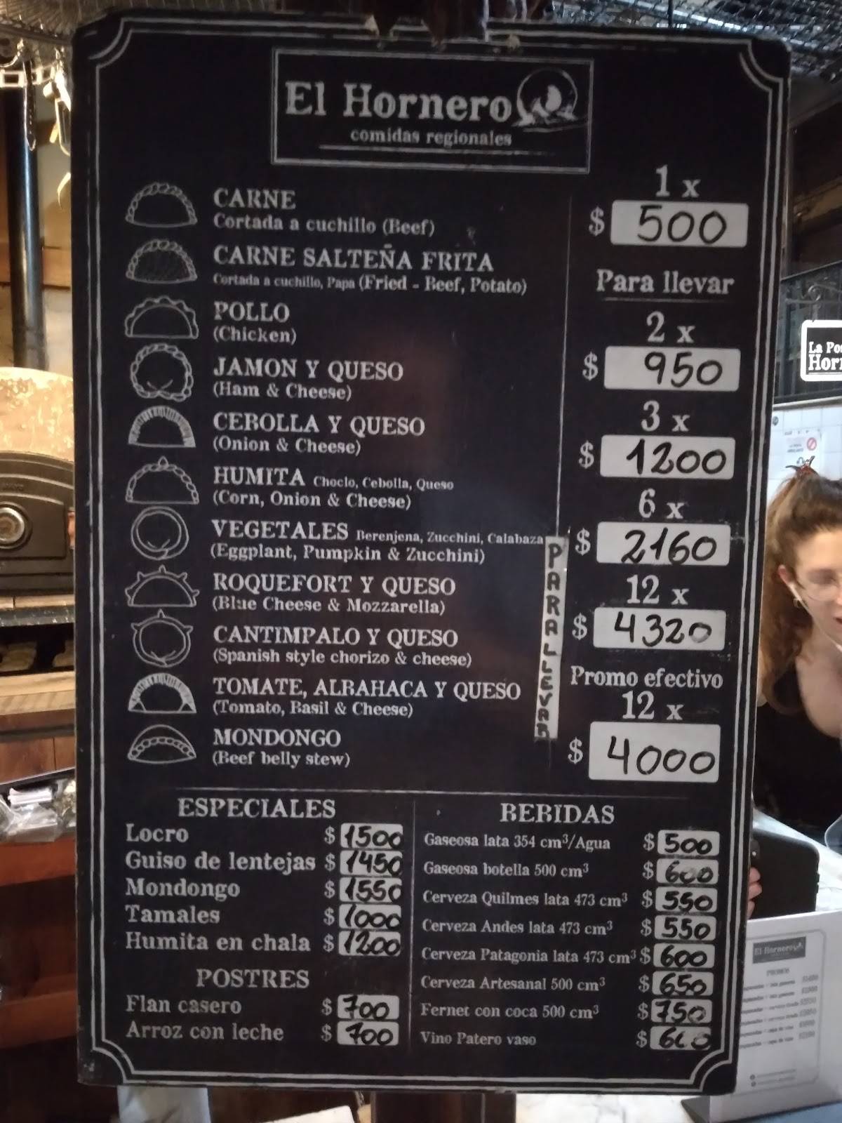 Carta del restaurante EL Hornero del San Telmo, Buenos Aires, Calle ...