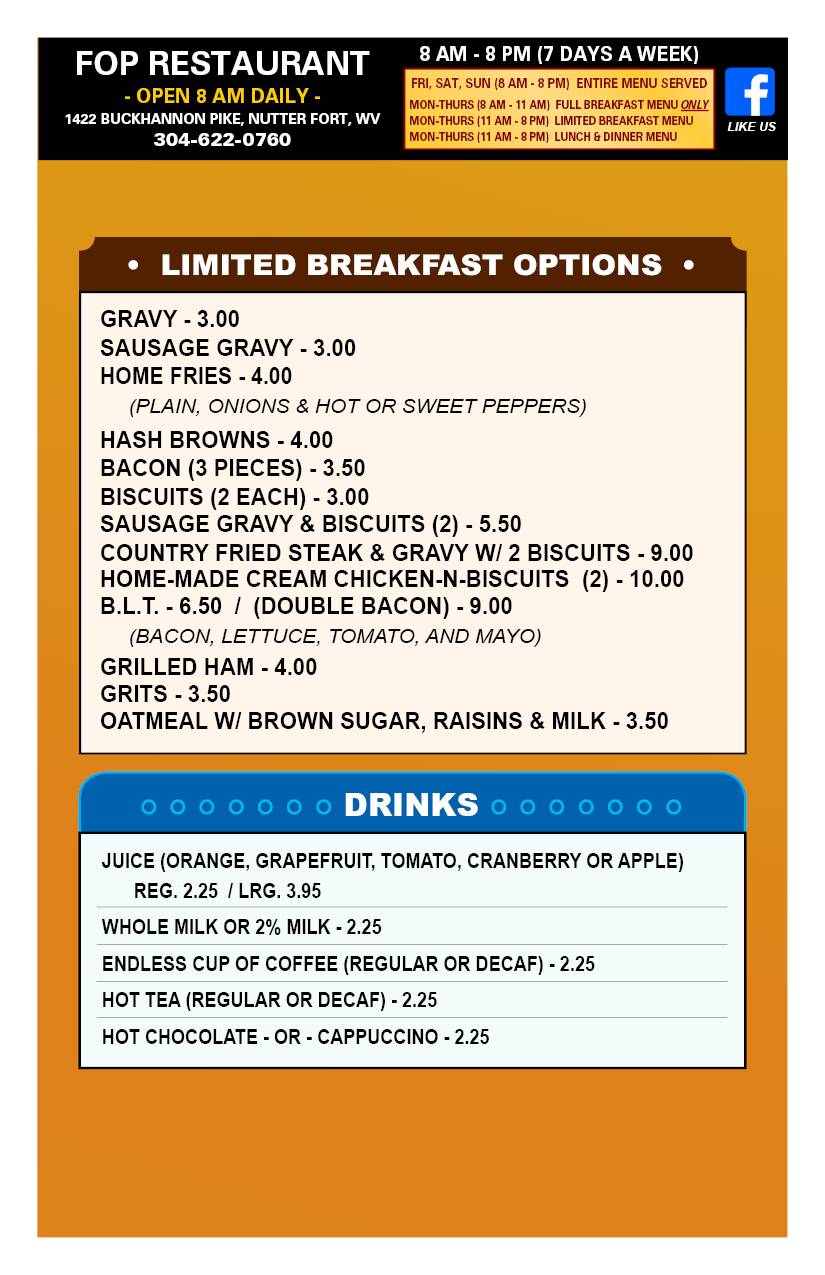 Menu at FOP restaurant, Nutter Fort