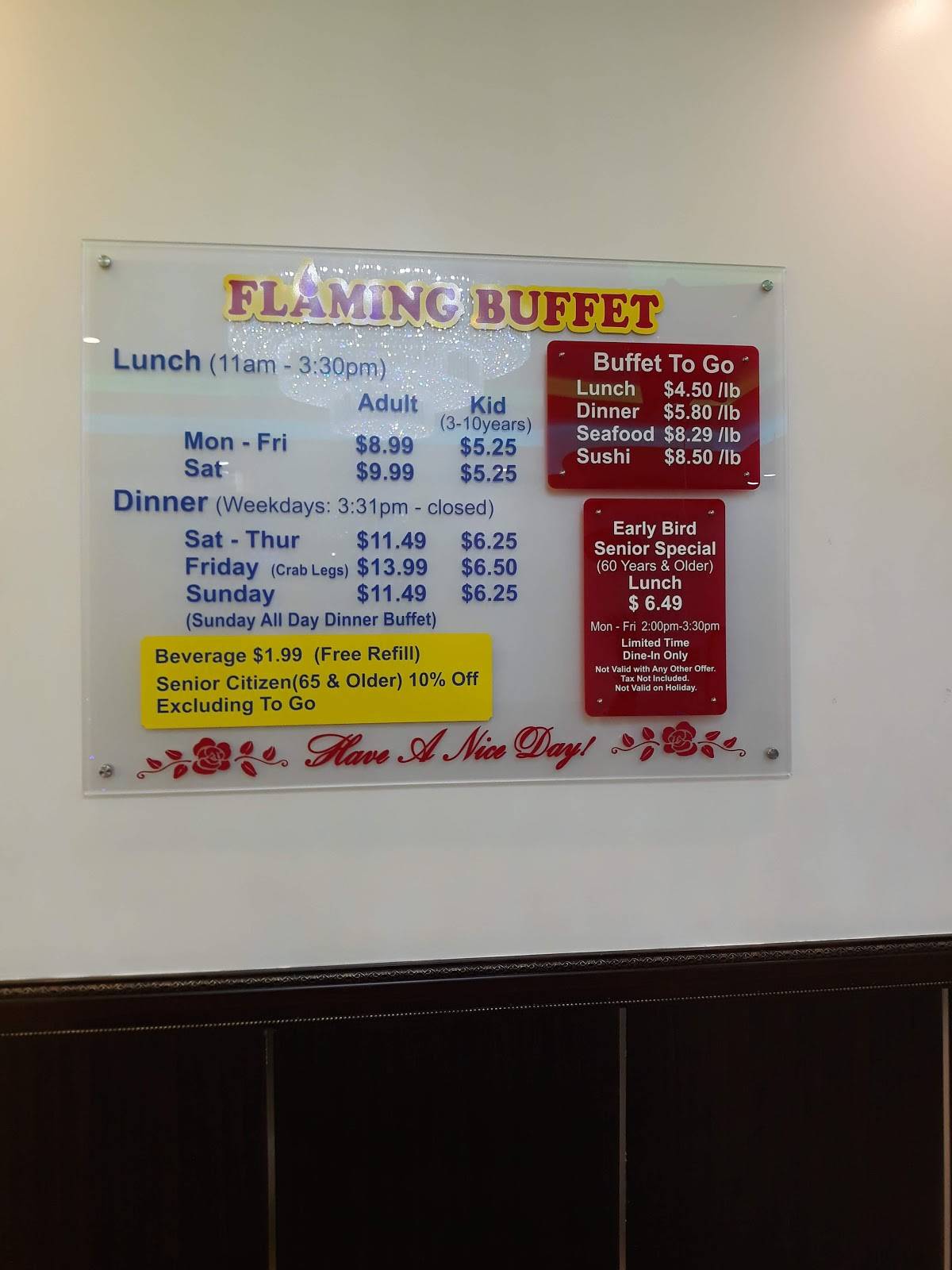 Menu at Flaming Buffet restaurant, Richardson