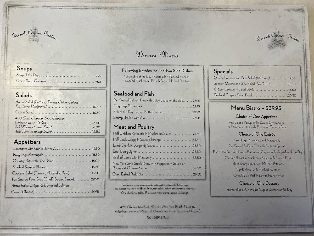 Menu at French Corner Bistro restaurant, West Palm Beach