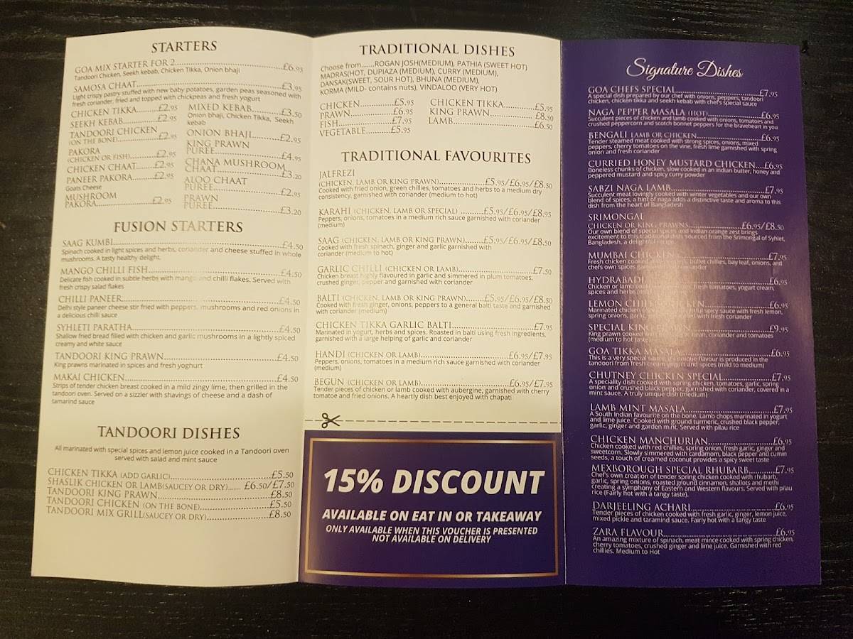Menu at Goa Spice restaurant, Mexborough