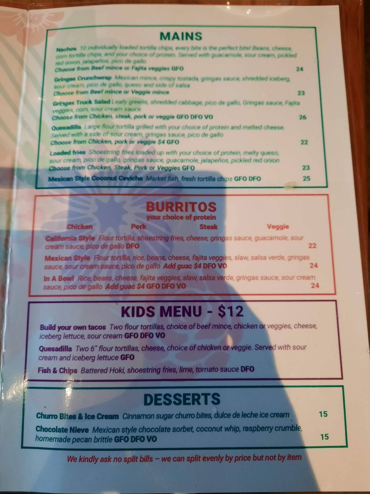 Menu at Gringas restaurant, Mangawhai
