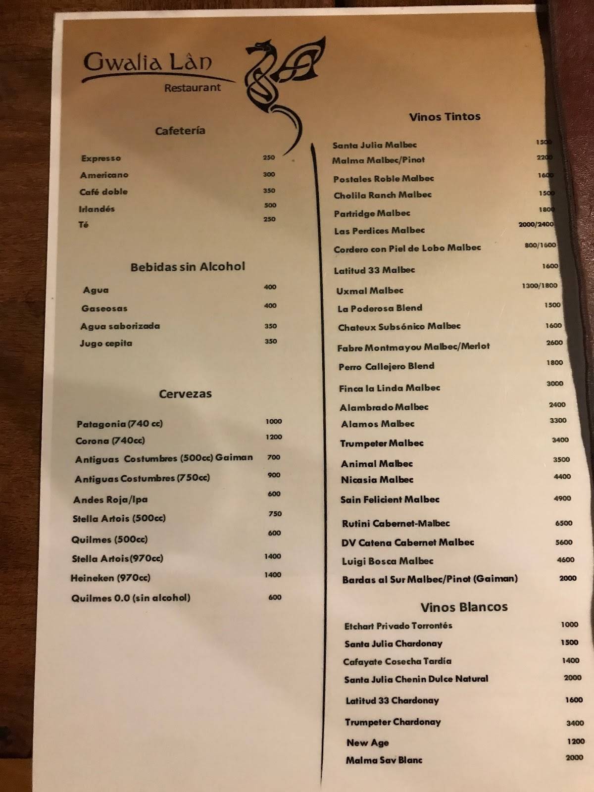 Menu at Gwalia Lân Resto restaurant, Gaiman