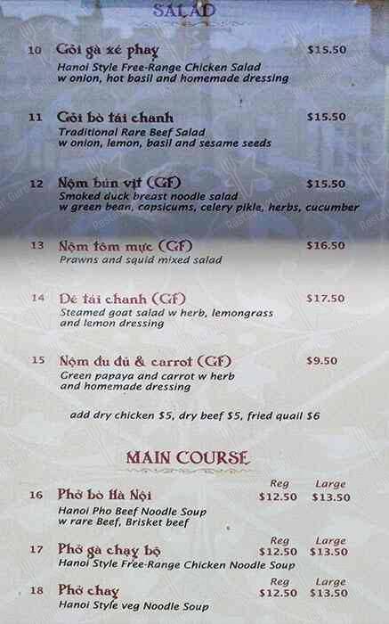 Menu at Hanoi on King Newtown restaurant, Newtown
