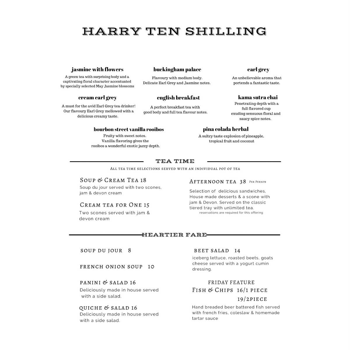 Menu at Harry Ten Shilling est. 1977 restaurant, Shakespeare