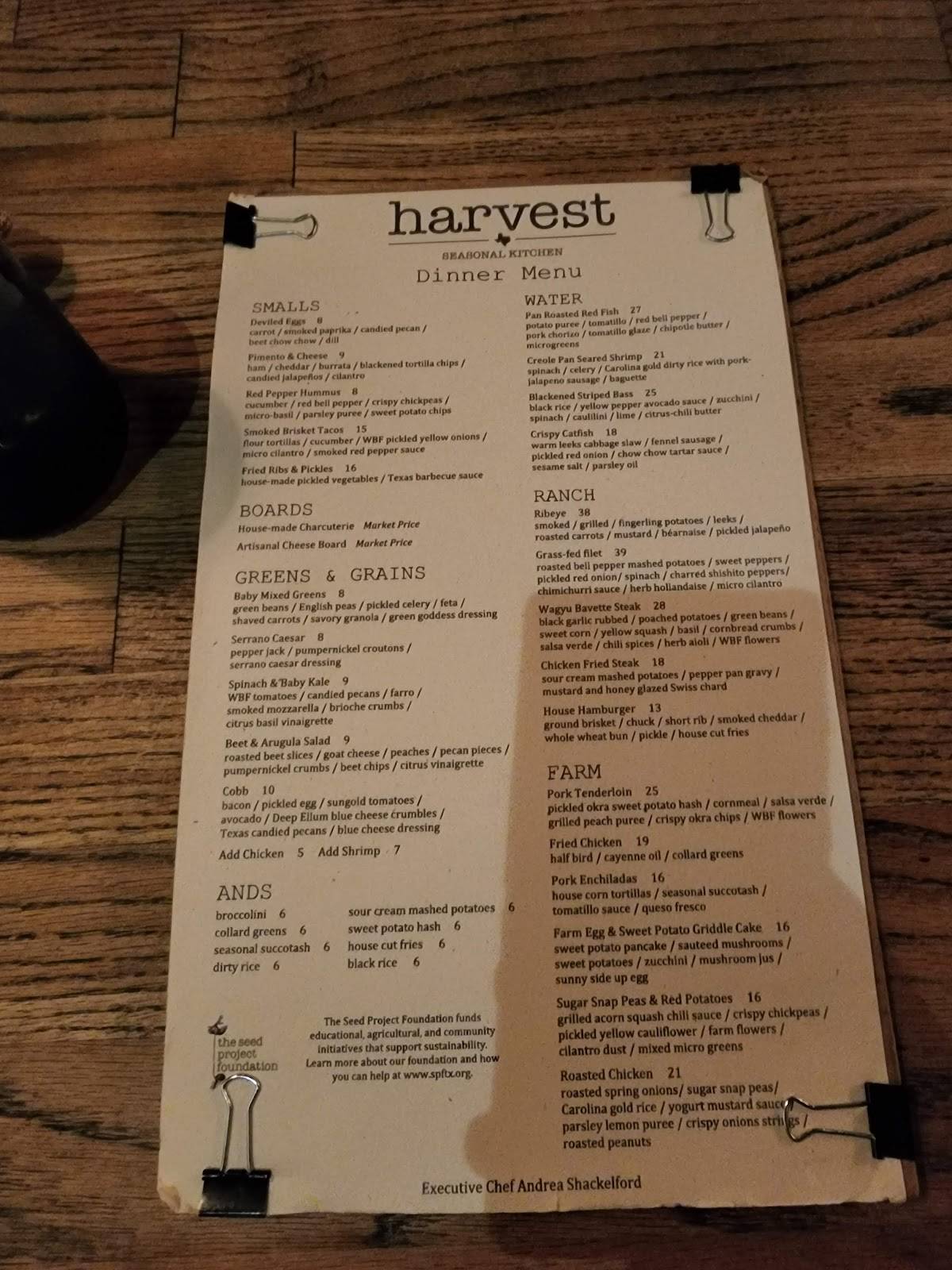 Menu at Harvest at the Masonic restaurant, McKinney