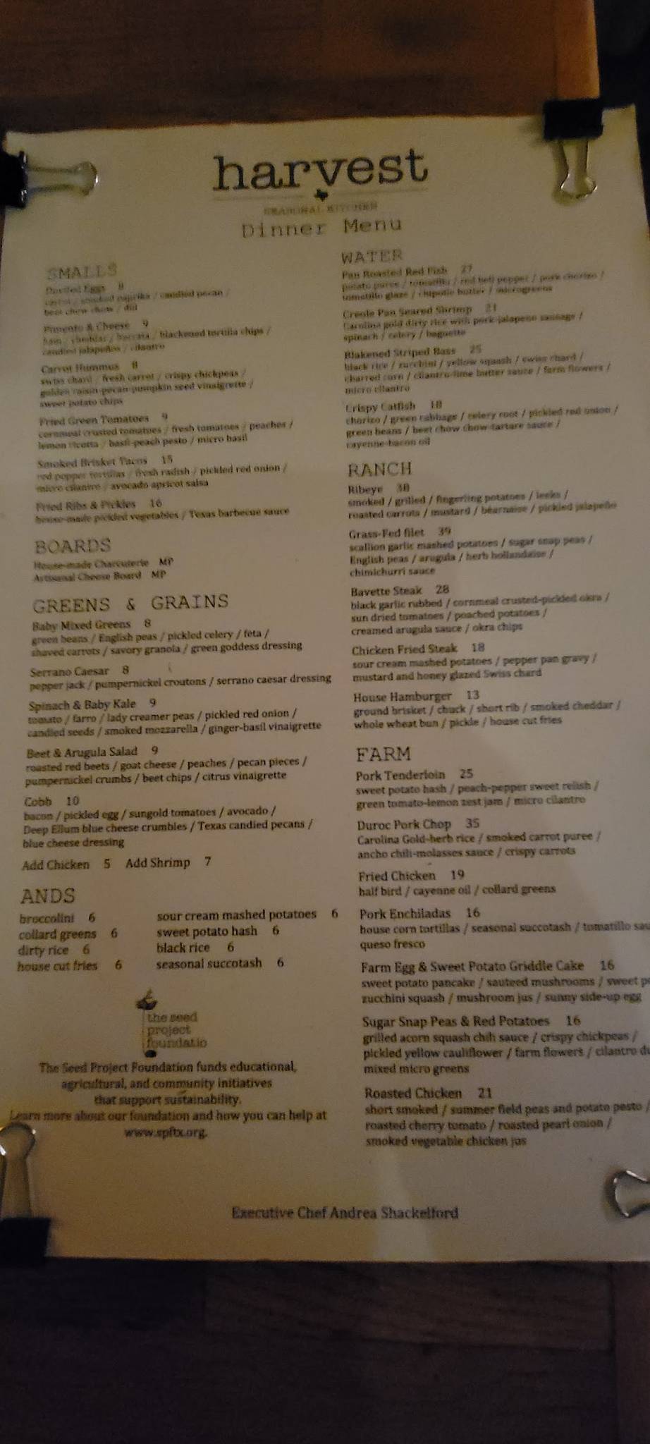 Menu at Harvest at the Masonic restaurant, McKinney