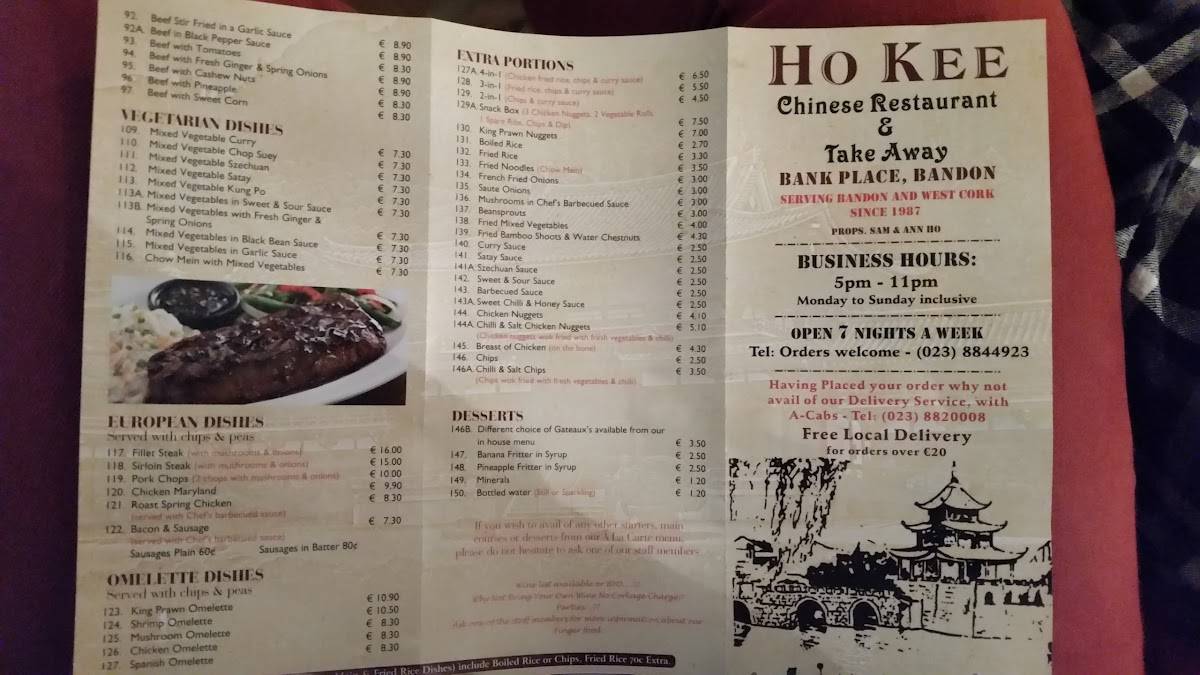 Menu at Ho Kee Chinese Restaurant, Bandon