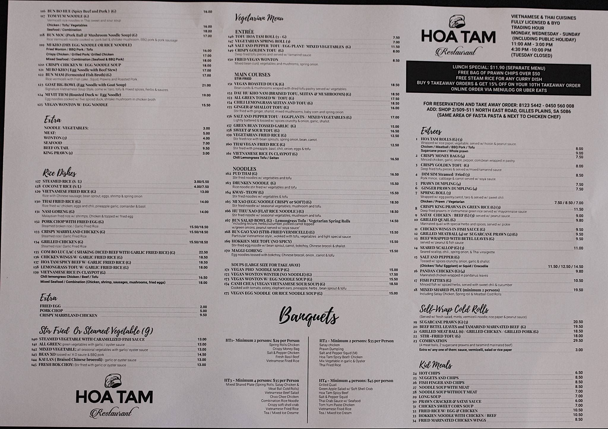 Menu at Hoa Tam restaurant, Gilles Plains