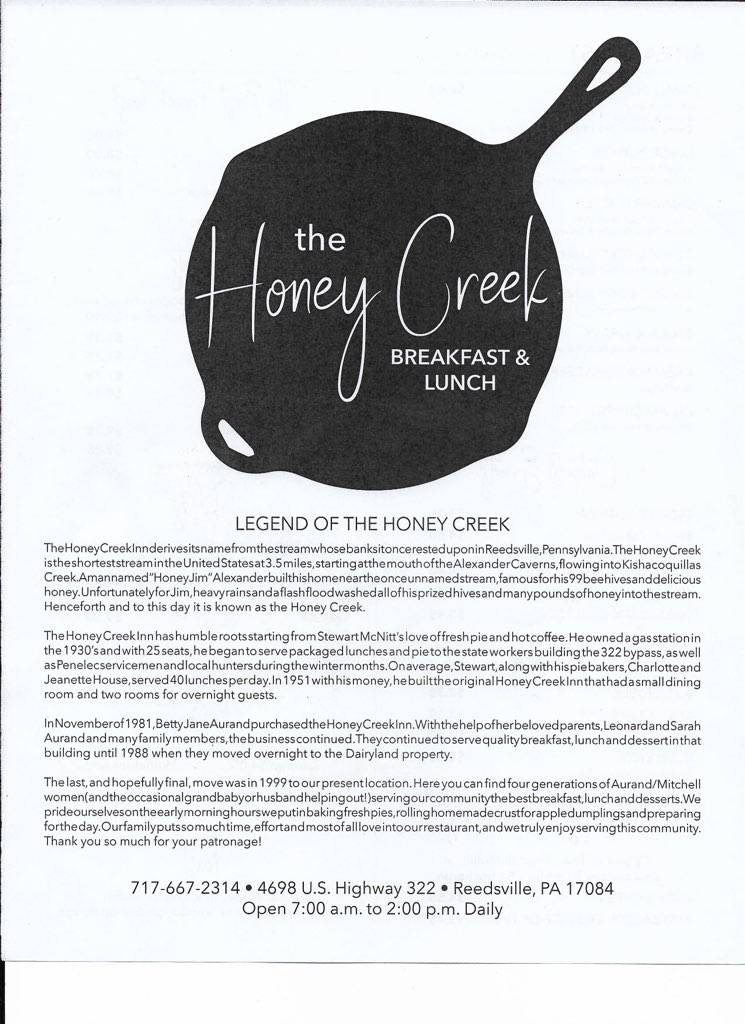 Menu at Honey Creek Inn restaurant, Reedsville