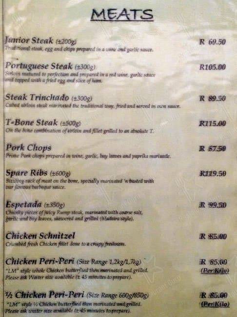 Menu at Honey Rock Motel restaurant, Roodepoort