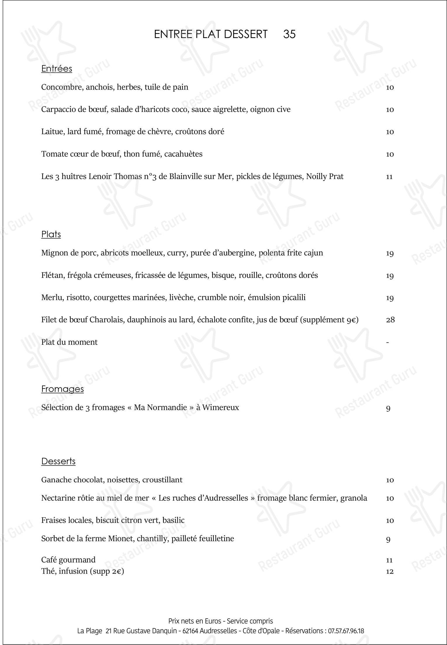 Menu au Hôtel Restaurant de la plage, Audresselles