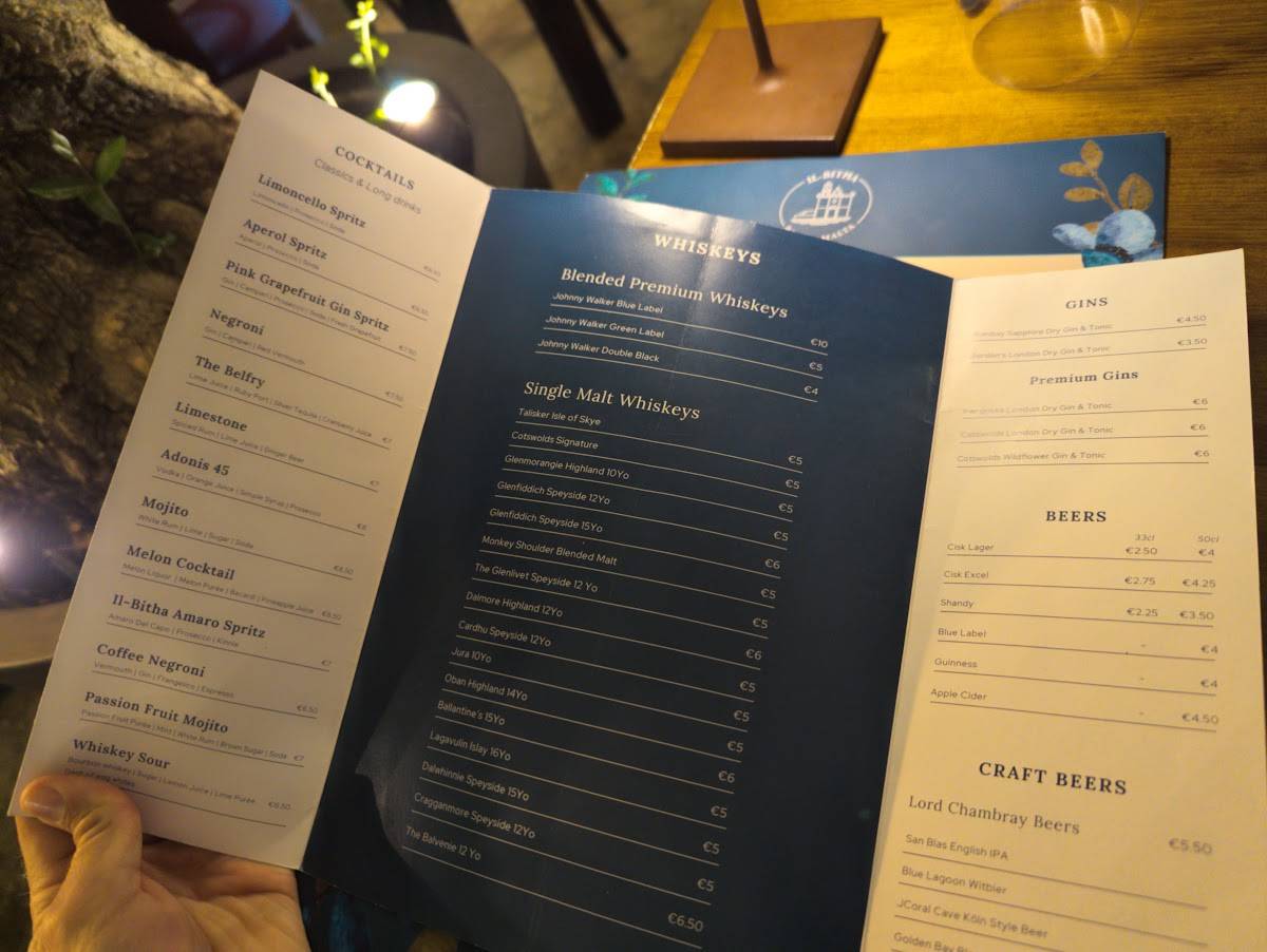 Menu at Il-Bitha restaurant, Rabat